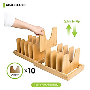 Pots and Pans Organizer under Cabinet, Bamboo Expandable Bakeware and Cutting Board Organizers, Adjustable Pot Lids Holder Rack, Cookie Sheet Baking Pan, Tray Organizer for Kitchen Storage (Natural)