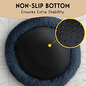 PetJett Calming Dog Bed - Donut Dog Beds for Small, Medium, Large Dogs, Anti-Slip & Washable Round Dog Bed - Fluffy Plush Faux Fur Pet Bed, Anti-Anxiety Puppy Bed, 23'' Fits Up to 25 lbs, Dark Grey