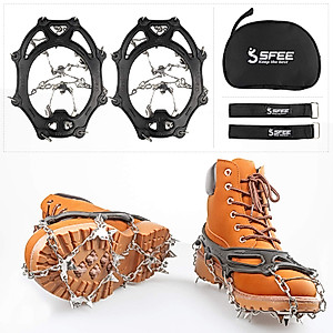 Sfee Ice Snow Grips Crampons Traction Cleats,19 Stainless Steel Spikes for Women Men Kids, Anti Slip Flexible Shoe/Boot Footwear for Walking Climbing Hiking Fishing Outdoor(Black,L(US:8-11))