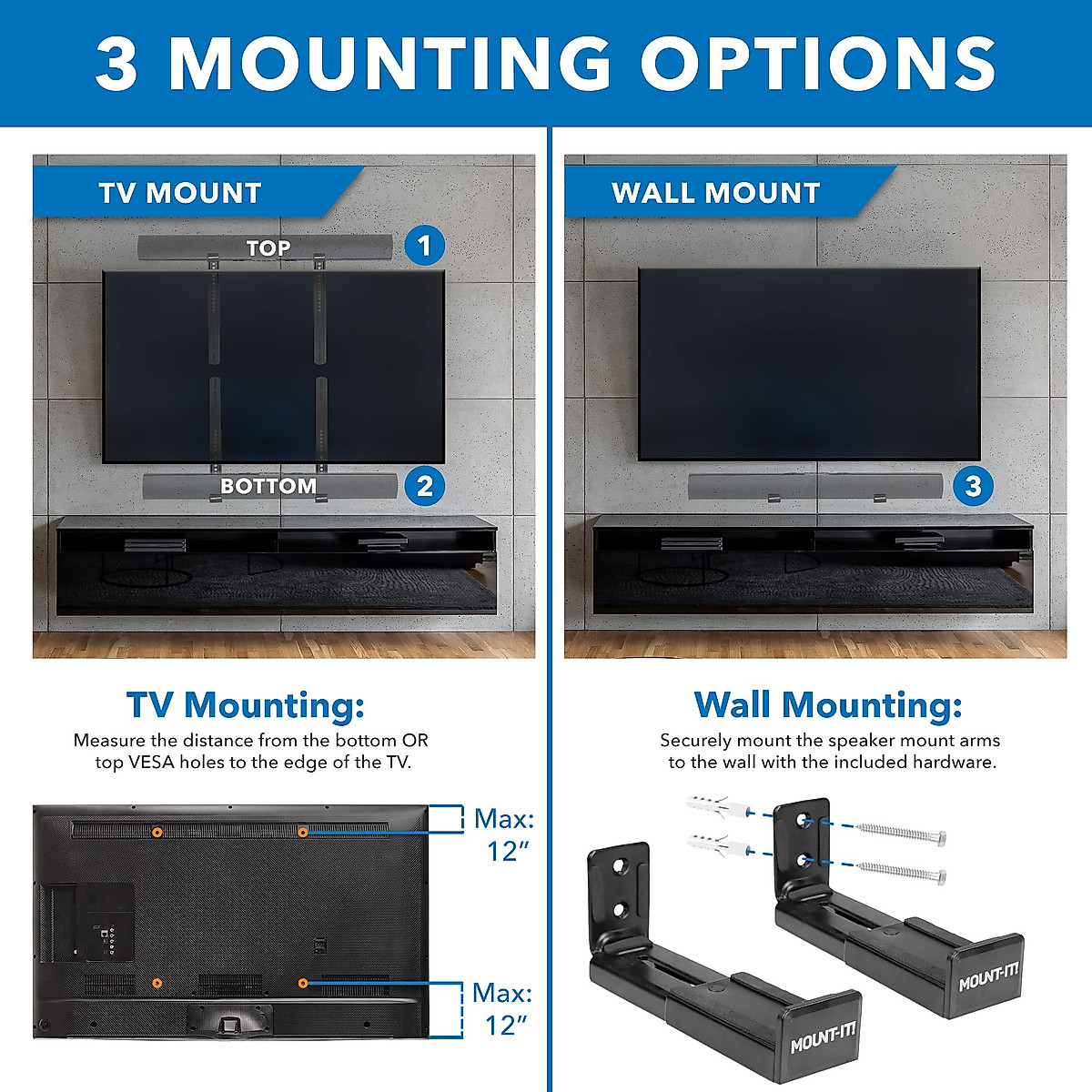 Mount-It! Soundbar Mount for TV and Wall Mounting | 2-in-1 Soundbar Bracket for Back of TV or Wall Mount Installation | Universal Base Fits All Soundbars