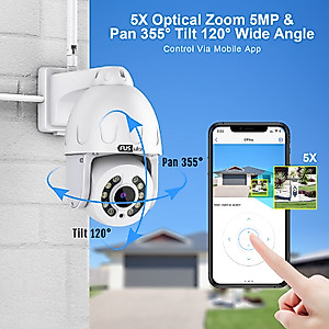 FUSWLAN 5MP PTZ Security Camera Outdoor, 5X Optical Zoom WiFi Cameras with Auto Tracking, Floodlight Full-Color Night Vision, Pan Tilt IP Camera, Humanoid Detection, Two-Way Audio, SD Card Storage