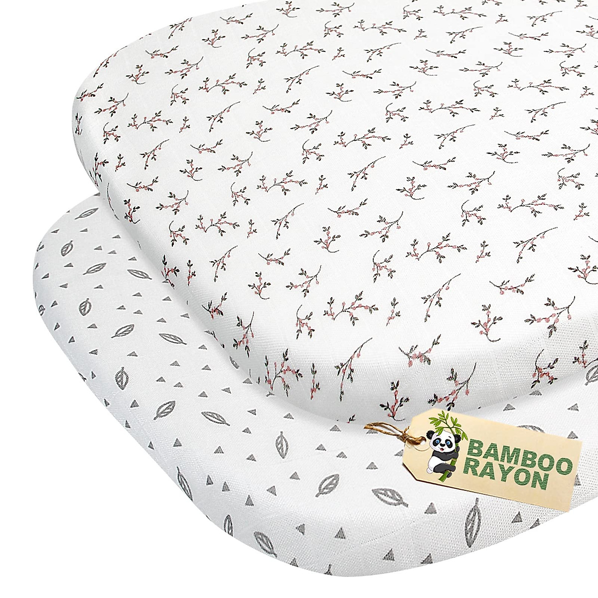 Muslin Bassinet Sheet for Baby Girl Boy, Boho Bassinet Sheets Fitted for Oval Hourglass Rectangular Bassinet Mattress Pad(32"x16"x5.5") 2 Pack, Soft Breathable Rayon Made Form Bamboo, Floral Pink