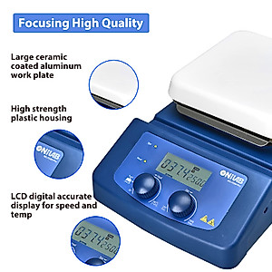 ONiLAB 380℃ LCD Digital Hotplate Magnetic Stirrer with Ceramic Coated Aluminum Work Plate, 200-1500rpm,5L,Temp Probe Sensor & Support Stand & Stirring Bar Included