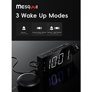 Projection Digital Alarm Clock with Bed Shaker for Bedroom, Extra Loud Alarm Clock for Heavy Sleeper, 180° Rotable Ceiling Projector Clock,2 Alarm,5 Dimmer Volume,USB Charger, Battery Backup,12/24H…