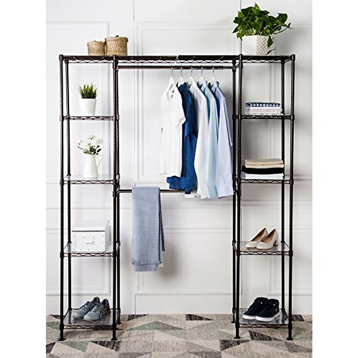 Amazon Basics Expandable Metal Hanging Storage Organizer Rack Wardrobe with Shelves, 14"-63" x 58"-72", Bronze & Collapsible Fabric Storage Cubes Organizer with Handles, Gray - Pack of 6