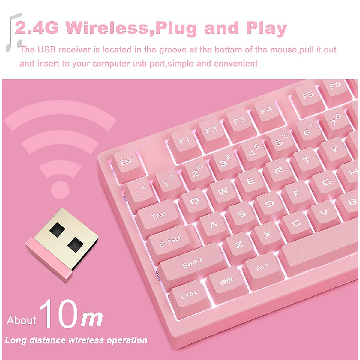 Rechargeable Keyboard and Mouse,Soke-Six 2.4G Wireless Mechanical Feel Backlit Gaming Keyboard Mice Combo Home Office Gamer Design Use for Laptop Pc Mac (Pink)