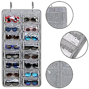 Casaphoria Sunglasses Organizer Storage, Hanging Dust Proof Wall Pocket Glasses Organizer - 16 Felt Slots Sunglass Organizer Holder with Metal Hook and Sturdy Rope (Gray, Dust Proof)