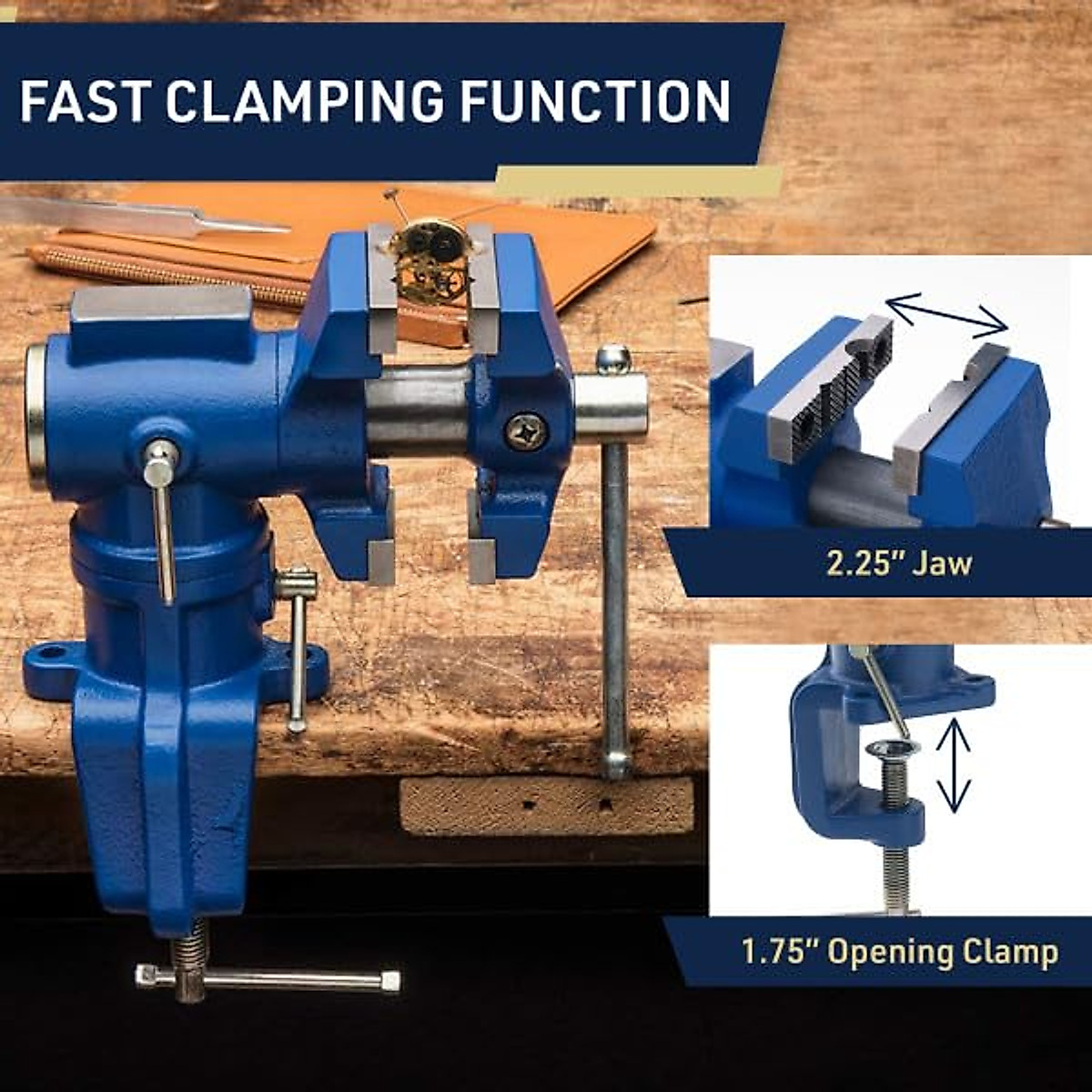 Universal Bench Vise Grip - Multi-Position Modular Cast Iron Woodworking and Metal Working Table Vise with 2 Rotating Jaws and Anvil - Portable Grip with 2-1/4" Max Jaw Opening by Kings County Tools