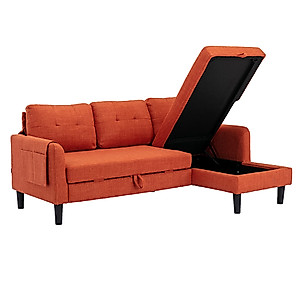 Eafurn 3 Seater Sectional Chaise Lounge and Storage,L Shaped Convertible Pull Out Bed,Comfy Velvet Upholstery Corner Sofa & Couches Button Tufted Living Room Furniture Sets, Orange 72.44"