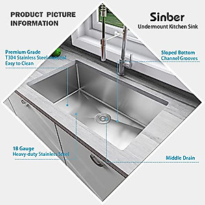Sinber 32" x 19" x 10" Undermount Single Bowl Kitchen Sink with 18 Gauge 304 Stainless Steel Satin Finish HU3219S-S (Sink Only)