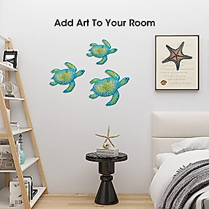 Metal Sea Turtle Wall Decor, Beach Sea Turtle Bathroom Decor Metal Wall Art for Outdoor Bathroom Living Room Patio Garden Fence Bedroom Pool(Teal, Set of 3)
