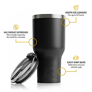 RTIC 40 oz Insulated Tumbler Stainless Steel Coffee Travel Mug with Lid, Spill Proof, Hot Beverage and Cold, Portable Thermal Cup for Car, Camping, Black