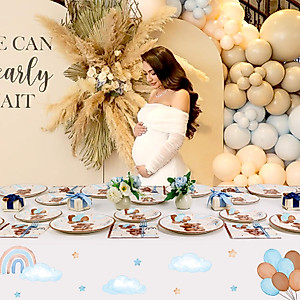 Teddy Bear Baby Shower Decorations Plates Set for 25,Boho Paper Plates Napkins Forks for Boy Brown Blue Tableware Birthday Party Supplies