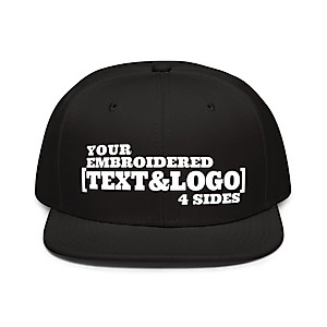 Custom Snapback Hat/Cap 4 Sides, Embroidery Personalized Text & Logo丨Flat Brim Bill Black