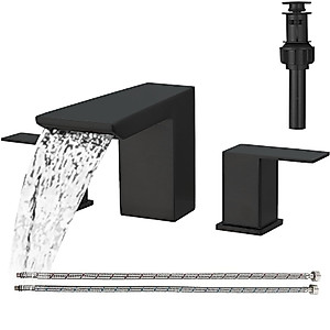 BESy Matte Black Bathroom Faucet 3 Holes Two Handles Vanity Widespread 8 Inch Bathroom Sink Faucet, Waterfall Bathroom Sink Faucet with cUPC Supply Hoses, Pop Up Drain, Stainless Steel
