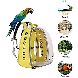 JingShi Bird Carrier Backpack Bubble Bird Travel Carrier Backpack with Standing Perch&Feeding Bowl Pet Parrot Space Capsule Transparent Backpack Breathable 360degree Sightseeing (Yellow)
