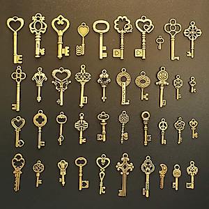 CHuangQi 40PCS Antique Bronze Vintage Skeleton Keys Charm Set, Steampunk Key DIY Handmade Accessories, Jewelry Making Supplies Wedding Favors