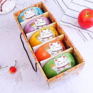 Amosfun 5Pcs Japanese Porcelain Ceramic Rice Bowl Japanese Soup Bowls Dessert Bowl Appetizer Bowl Snack Bowl Maneki Neko Lucky Cat Bowl for Home Kitchen Decoration