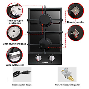 Karinear Gas Cooktop 2 Burner Propane Cooktop, 12 Inch LPG/NG Dual Fuel Gas Stove Top, Built-in Tempered Glass Gas Cooktop for Apartment, Indoor, RV