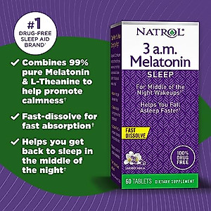 Natrol, 3 a.m. Melatonin Sleep Aid Strengthens Immune System 100 DrugFree and Natural Lavender Vanilla Flavor Fast Dissolve Tablets, 60 Count