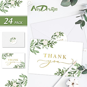 AnyDesign 24 Pack Thank You Cards with Envelopes Stickers Watercolor Green Leaves Blank Note Cards Bulk Eucalyptus Leaf Thank You Greeting Cards for Wedding Baby Shower Bridal Shower, 4 x 6 Inch