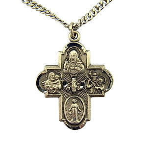 Religious Gifts Pewter Catholic Four-Way Cross Pendant with Bright Cut Accents, 1 3/8 Inch