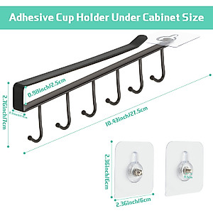 12 Pack 6 Hooks Utensil Racks Under Cabinet Black Hanging Mug Organizer Coffee Cup Under Shelf Home Storage Mug Holder and 12 Pcs Adhesive with Screws for Kitchen Utensil Under Cabinet Mug