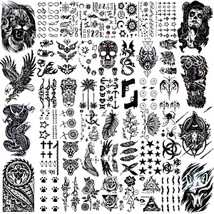 VANTATY 50 Sheets Black Temporary Tattoos For Men Adults Ealge Dragon Lion Wolf Animals For Women Neck Arm Thigh, Fake Small Skull Tattoo Sticker For Kids Children Boys Girls Tatoos