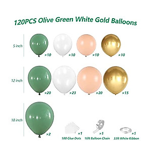 Sage Green White Gold Nude Balloons Arch Kit, 120 PCS 18in 12in 5in Latex Olive Green White Metallic Gold Blush Balloons Garland Arches Kit for Birthday, Wedding, Anniversary, Jungle, Party Decoration