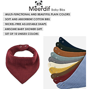 Meerdif Muslin Baby Bibs 10 Pack Baby Bandana Drool Bibs for Unisex Boys Girls, 100% Cotton 10 Solid Colors Set (Multi Color)