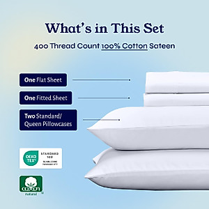 California Design Den Natural 100% Cotton Sheets Queen Sheet Set, Soft 400 Thread Count Sateen Cooling Sheets, Deep Pocket Queen Sheets, 4 Piece Bed Sheets Queen ( Bright White Sheets)