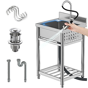 AUPOPP Utility Sink, Stainless Steel Outdoor Sink for Laundry Bar Restaurant, Free Standing Commercial Sink Portable Kitchen Sink Station with Pull-out Faucet, Cold/Hot Water for Farmhouse, Garage