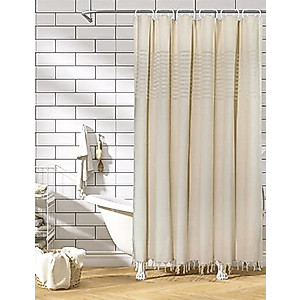 SUMGAR Cotton Shower Curtain Boho Farmhouse Shower Curtains for Bathroom with Tassels & Jacquard Striped Window, Beige Fabric Fringe Shower Curtain Set with Hooks, 72" x 72"