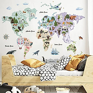 Large Animals World Map Wall Sticker Decals for Kids, Peel and Stick Wild Animals World Map Decor Stickers for Kids Wall Art Map of the World Decals for Nursery Classroom Playroom Kindergarten Educational Wall Decor