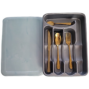 Utensil and Silverware Organizer tray for drawer with cover -Cutlery Flatware Organizer with lid - for kitchen drawer, BBQ , picnic, Covered flatware tray,5 Compartments - Plastic (SILVER)