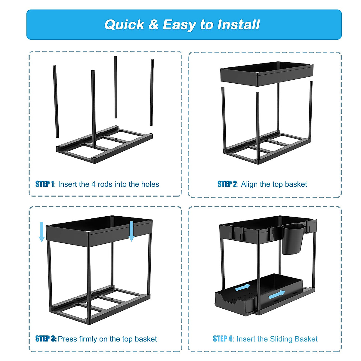 Bugdaben Under Sink Organizer - 2 Tier Sliding Under Cabinet Organizer with Dividers, Hooks and Hanging Cup, Multi-purpose Under Sink Organizers and Storage for Bathroom & Kitchen, 2 Pack