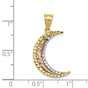 14k Tri-Color Yellow White And Rose Gold Crescent Moon Pendant 28 mm x 14 mm