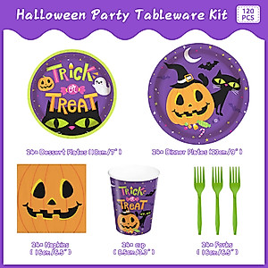AGoooodySet 120pcs Halloween Party Supplies Trick Or Treat Plates Napkins Paper Cups Green Disposable Forks Tableware Set Halloween Party Supplies Sever 24 Guests