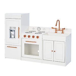 Teamson Kids Little Chef Paris Modular Contemporary Interactive Wooden Play Kitchen with Refrigerator, Oven, Sink, and Storage Space for Easy Clean Up, White with Rose Gold Finishes