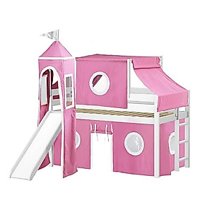 JACKPOT! Princess Low Loft Bed with Slide, Pink and White Tent and Tower, Twin, White
