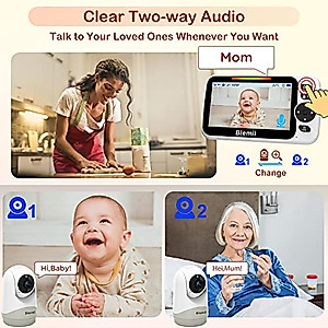 Blemil Baby Monitor,Split-Screen Video Baby Monitor with Cameras and Audio, Remote Pan/Tilt/Zoom, Two-Way Talk, Room Temperature Monitor, Auto Night Vision, Power Saving/Vox, Lullabies (BL9052-2)