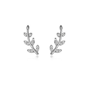 Reffeer Solid 925 Sterling Silver Leaf Crawler Stud Earrings for Women Teen Girls Crystal Leaf Stud Earrings (A-Silver)