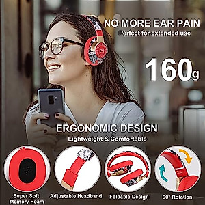 CBSOHDE Bluetooth Headphones Over The Ear, Wired/Wireless Headphones with Microphone-Soft Ear Cushions, Hi-Fi Stereo Sound Foldable Bluetooth Headphones for Kids Adults, Pad Laptop PC (Red)