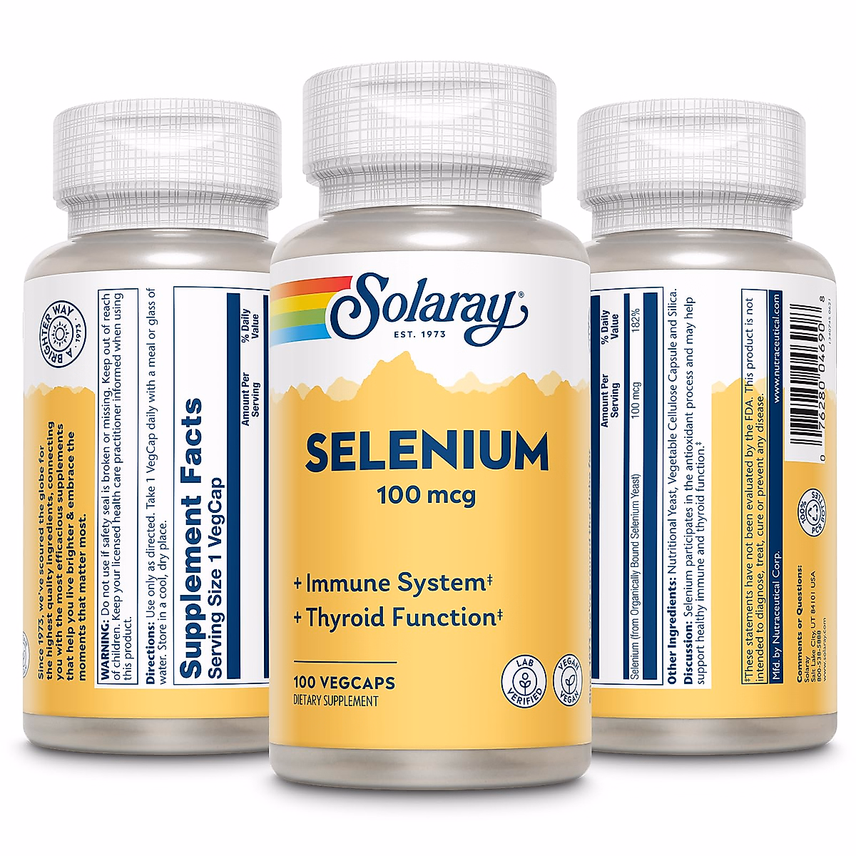 Solaray Selenium 100 mcg, Healthy Immune System, Thyroid Function and Antioxidant Support, Vegan, Lab Verified, 60-Day Guaranteed, 100 Servings, 100 VegCaps