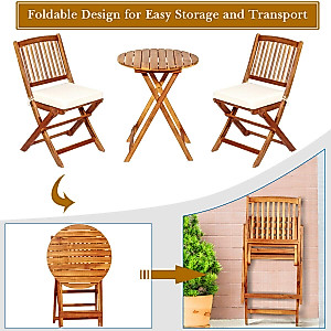 Tangkula 3 PCS Patio Folding Bistro Set, Outdoor Acacia Wood Chair and Table Set w/Padded Cushion& Round Coffee Table, Ideal for Indoor Patio Poolside Garden (Cream)