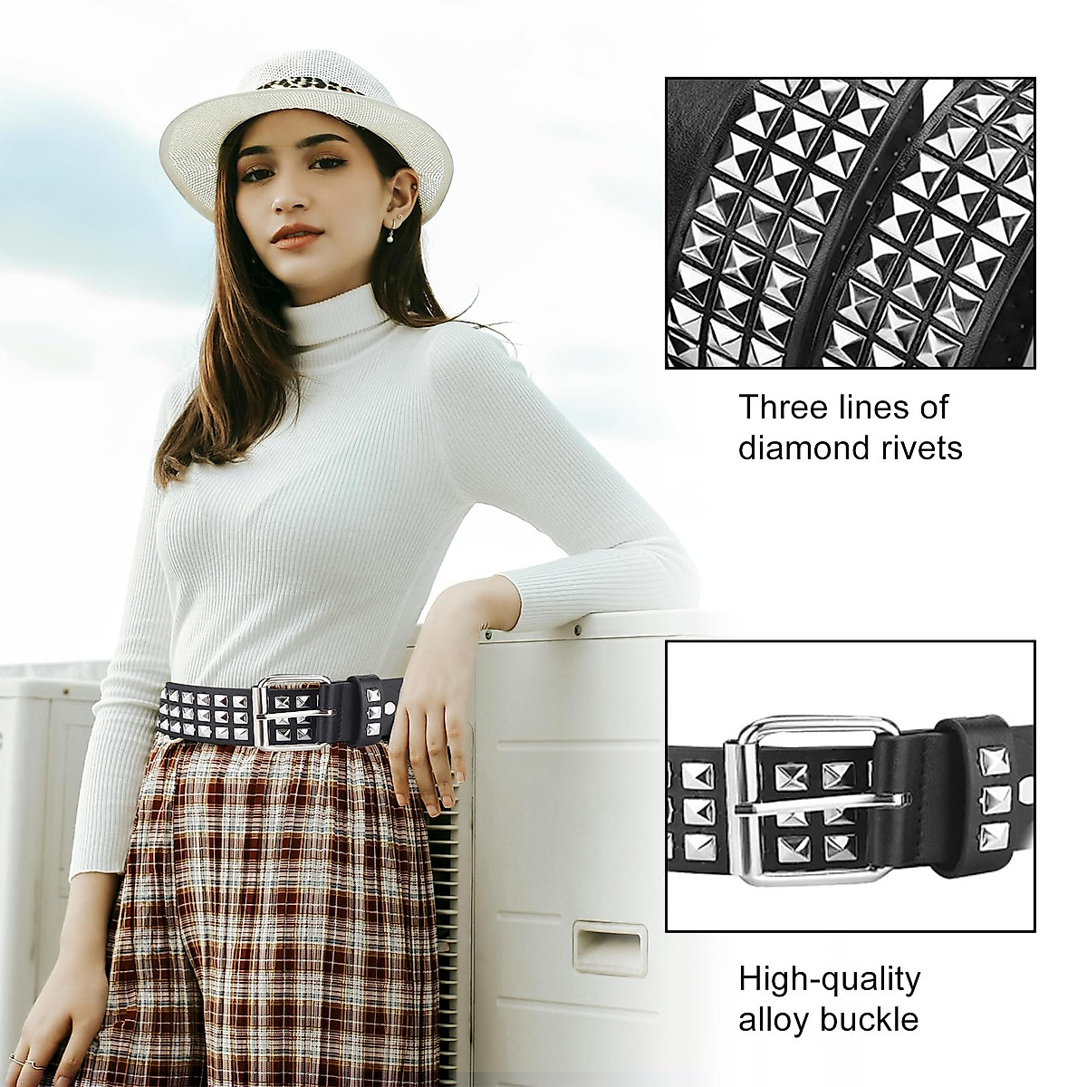 Olutacot 4 Piece Studded Rivet Double Grommet Belt Set - Faux Leather Gothic Goth Black - Punk Style Accessories for Men Women - Ideal Gift