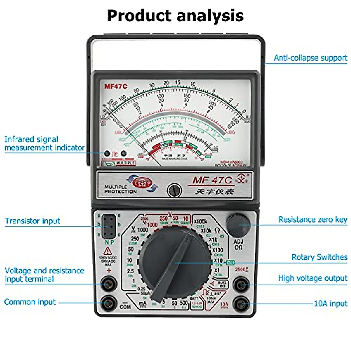 Mf47 Ac/dc Analog Multimeter, Mechanical High-Precision Anti-Burn Buzzer Full Protection Multimeter, Pointer Multimeter Tester, 27.5 * 21 * 5.4cm