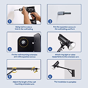 Takerers Ring Light Wall Mount: Save Space, 180º Flexible Rotation - Wall Mount Triangle Boom Arm with 3/8 & 1/4 screw for Photography Light, Monolight, Softbox, Umbrella, Reflector, Max Length 51inch