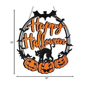 Bucherry Black Cat Pumpkin Hanging Sign Happy Halloween Front Door Welcome Sign Wall Decor Wall Plaque for Halloween Party