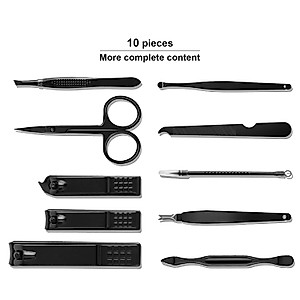 Manicure Set, Travel Mini Nail Clippers Kit Pedicure Care Tools, 10pcs Stainless Steel Grooming kit (Black)